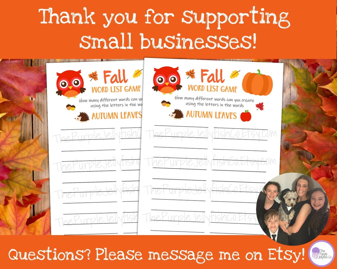 Fall Word List Game, Fall Game Printable, Autumn Activity for Kids, Fun ...