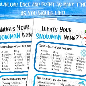 Snowman Name Game, Fun Winter Game for Kids, Printable Holiday Party ...
