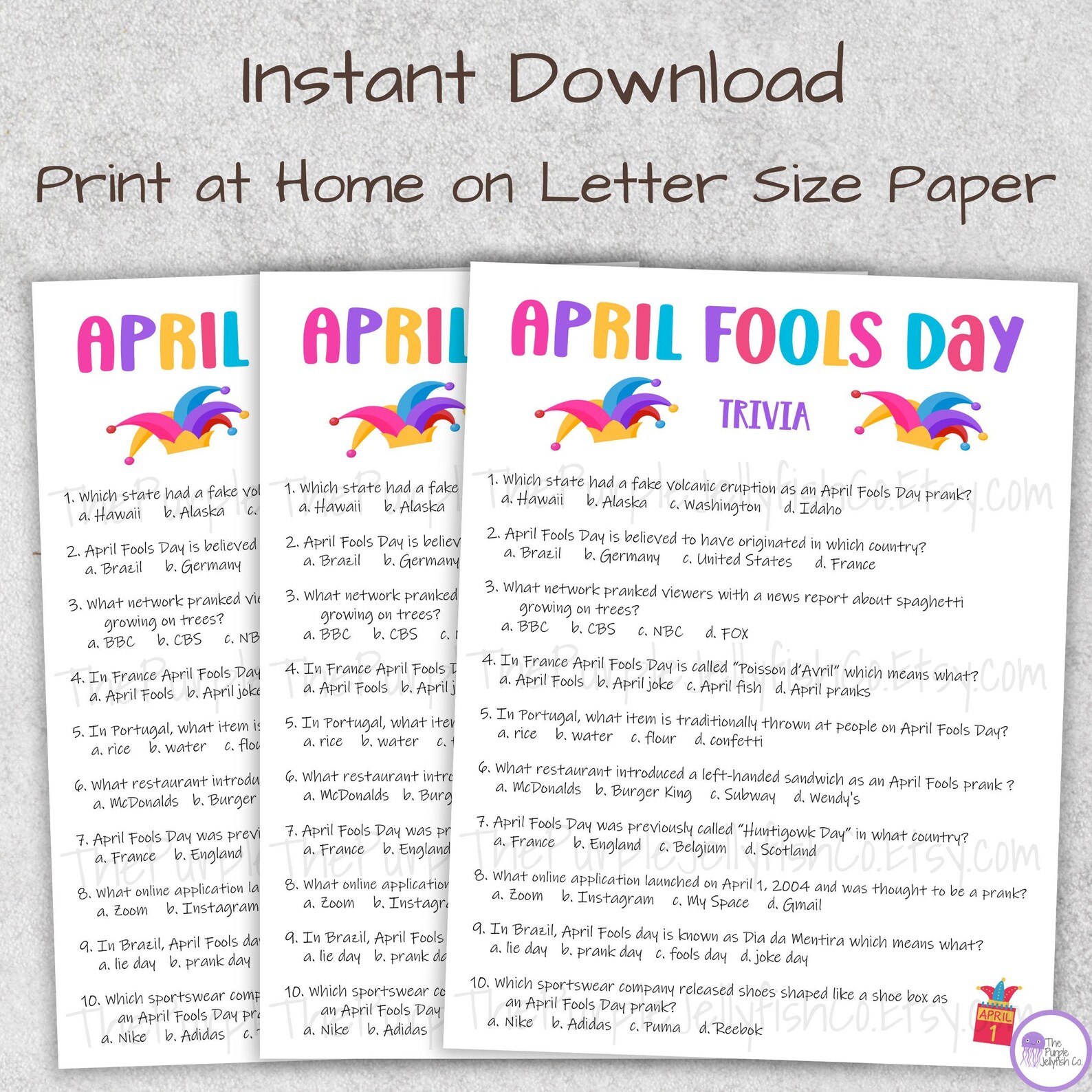 April Fool's Day Trivia Game Printable, April Fools Party Idea, April ...