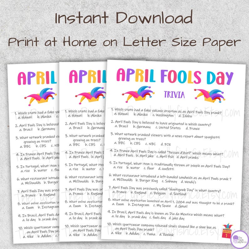 April Fool's Day Trivia Game Printable, April Fools Party Idea, April ...
