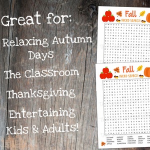 Fall Word Search Puzzle Printable for Kids & Adults, Autumn Theme Word ...