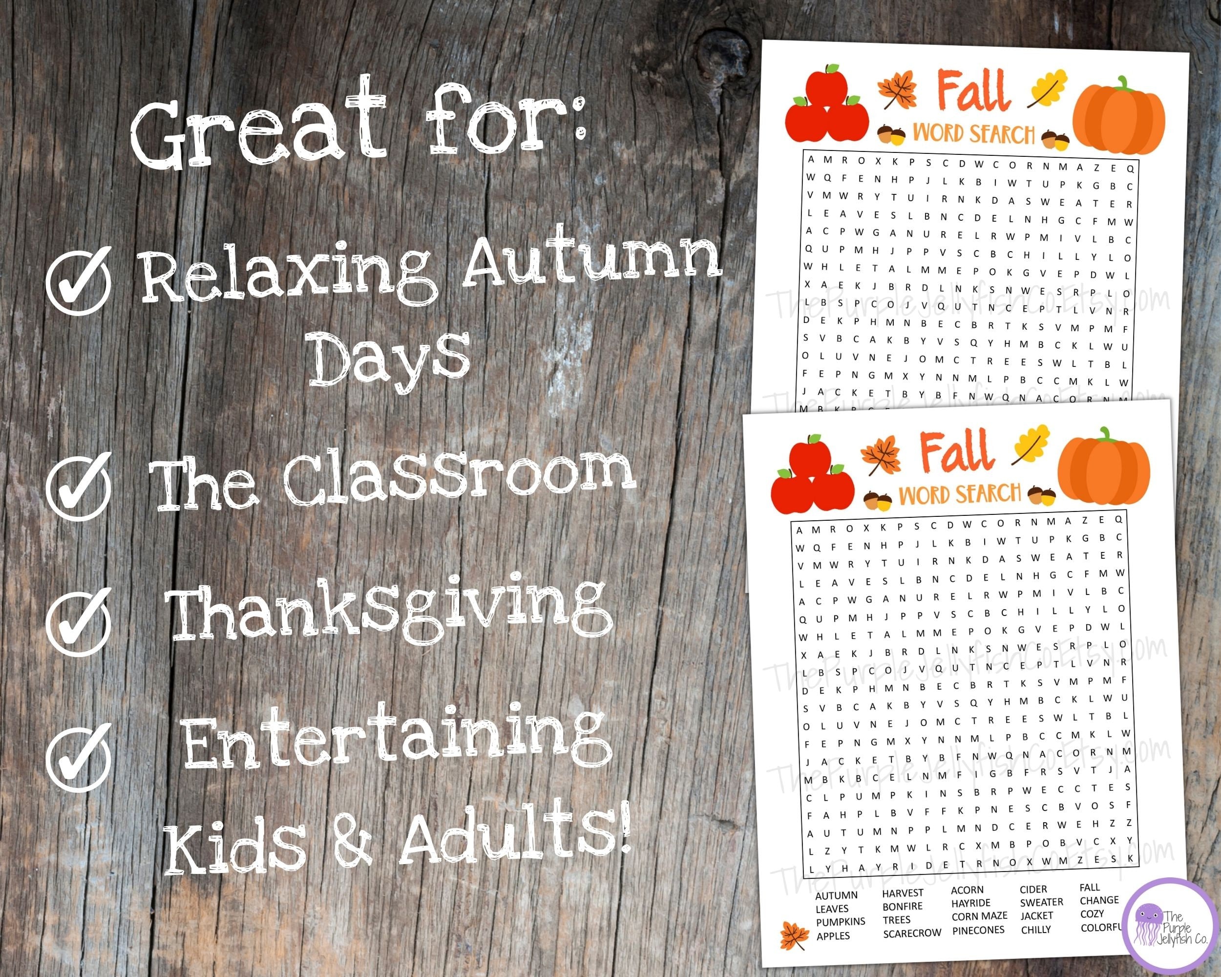 Fall Word Search Puzzle Printable for Kids & Adults, Autumn Theme Word ...