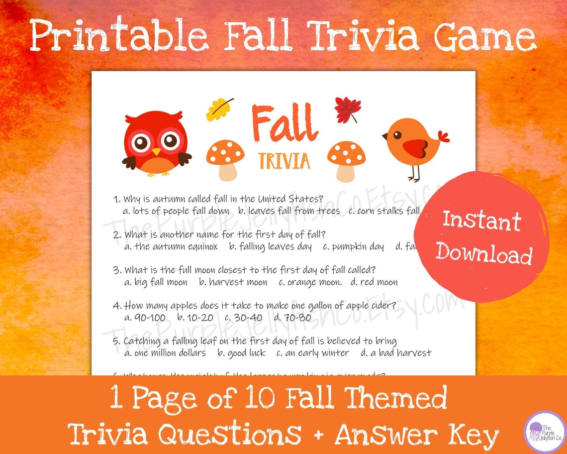 Fall Trivia Game Printable Autumn Activity for Kids & Adults, Trivia ...