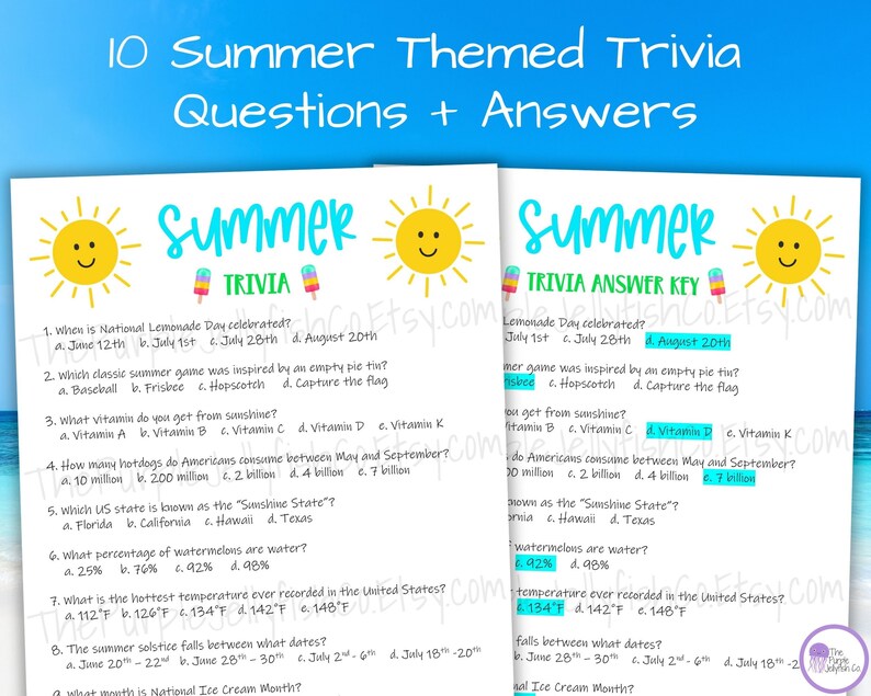 Summer Trivia Game, Printable Trivia Questions for Teens Adults Seniors ...