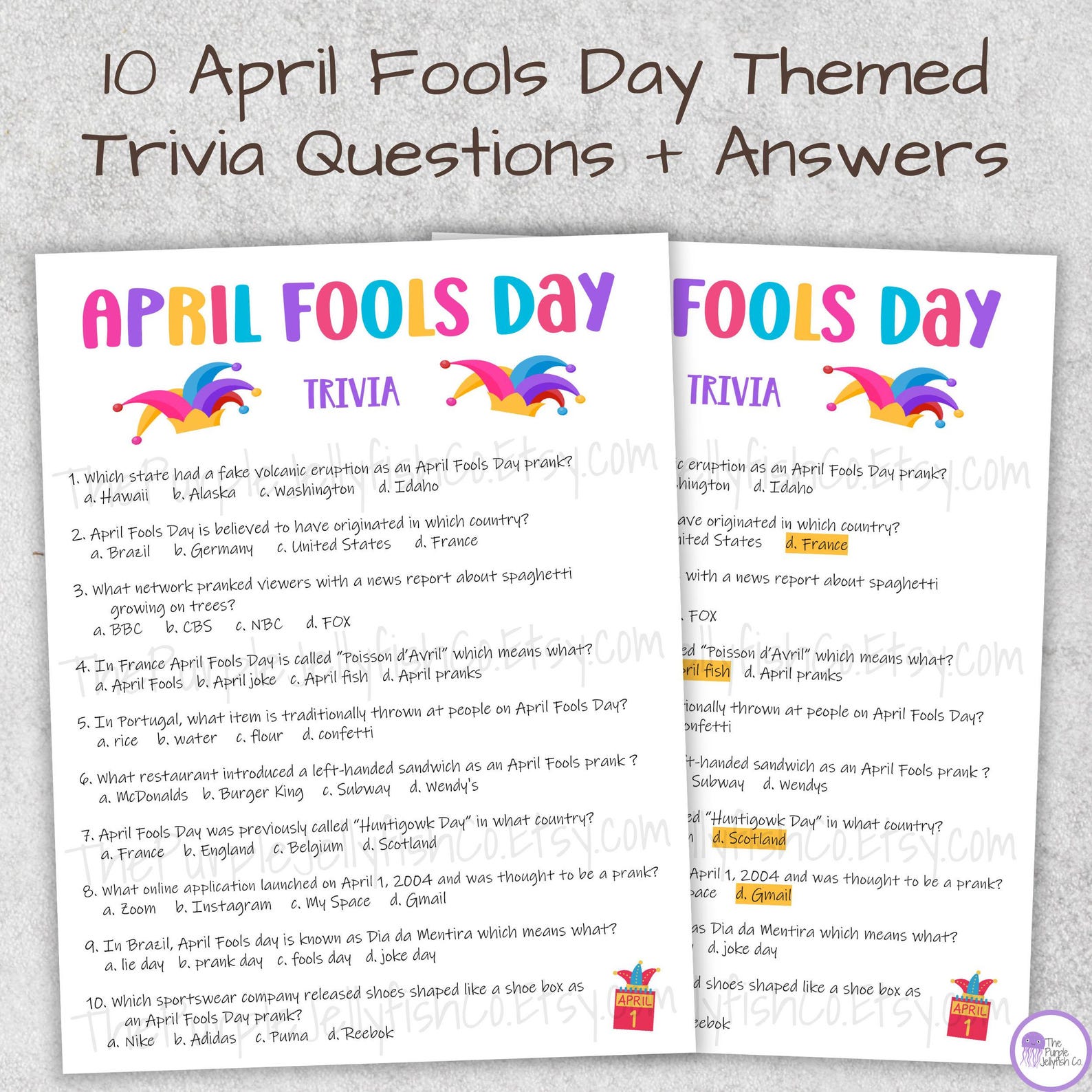 April Fool's Day Trivia Game Printable, April Fools Party Idea, April ...