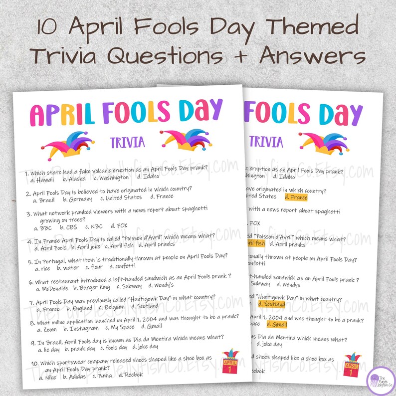 April Fool's Day Trivia Game Printable, April Fools Party Idea, April ...