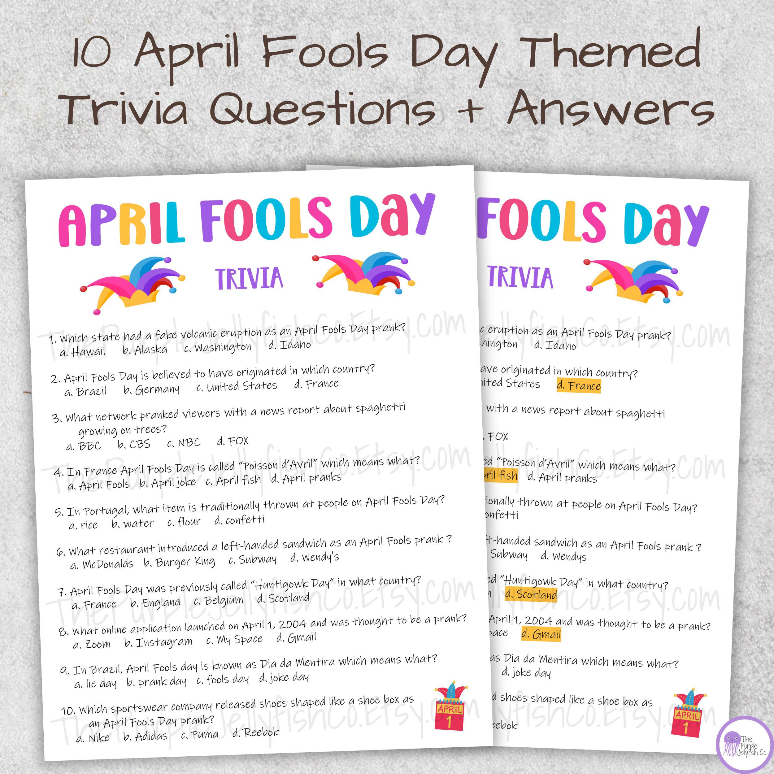 April Fool's Day Trivia Game Printable, April Fools Party Idea, April ...