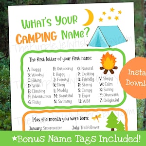 What's Your Camping Name Game Printable Camping Party Idea, Camping ...