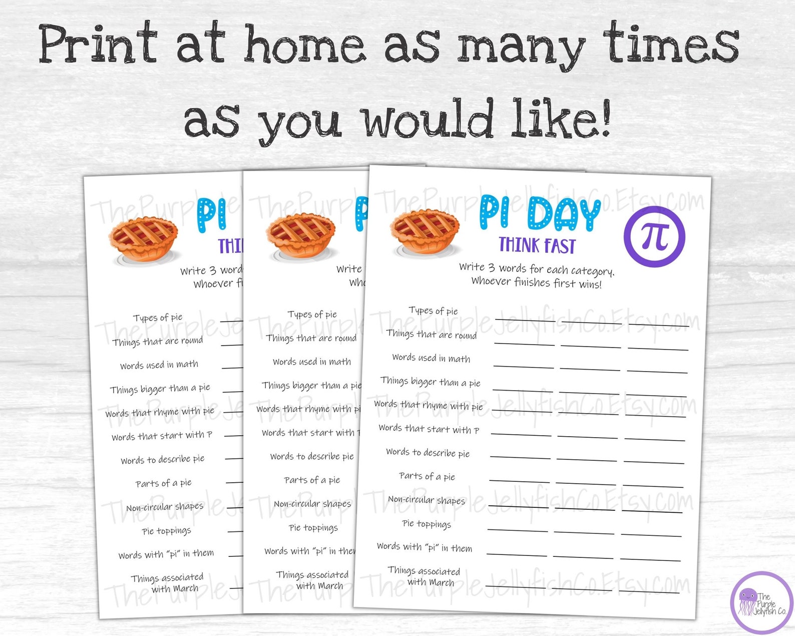 Pi Day Think Fast Game for Kids, Pi Day Activity Printable, Pi Day ...