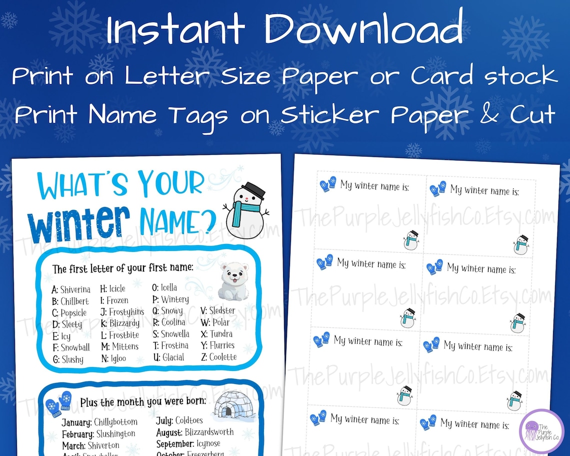 What's Your Winter Name Game With Sign and Name Tags, Winter Party ...