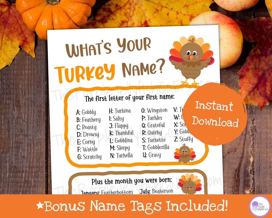What's Your Turkey Name Game, Thanksgiving Game Printable, Thanksgiving ...
