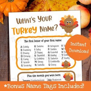 What's Your Turkey Name Game, Thanksgiving Game Printable, Thanksgiving ...
