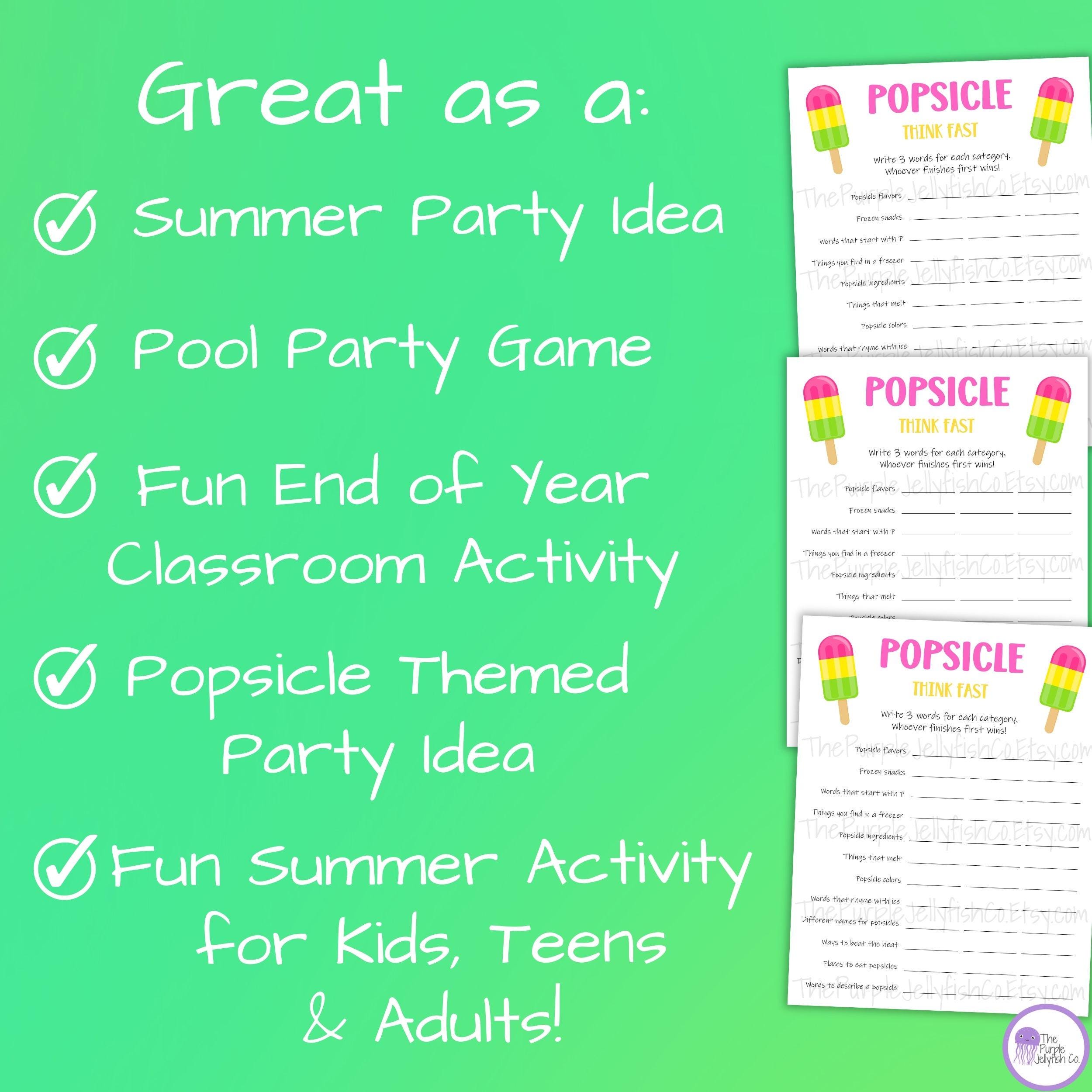 Popsicle Think Fast Game, Fun Summer Party Game Printable, Popsicle ...