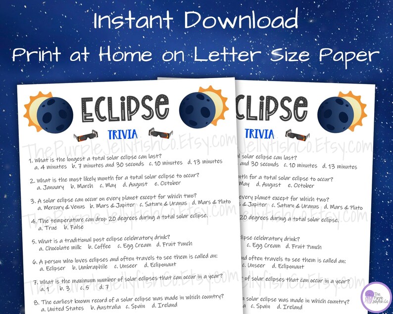 Eclipse Trivia Game for Kids & Adults, Printable Trivia Questions and Answers, Eclipse Party ...