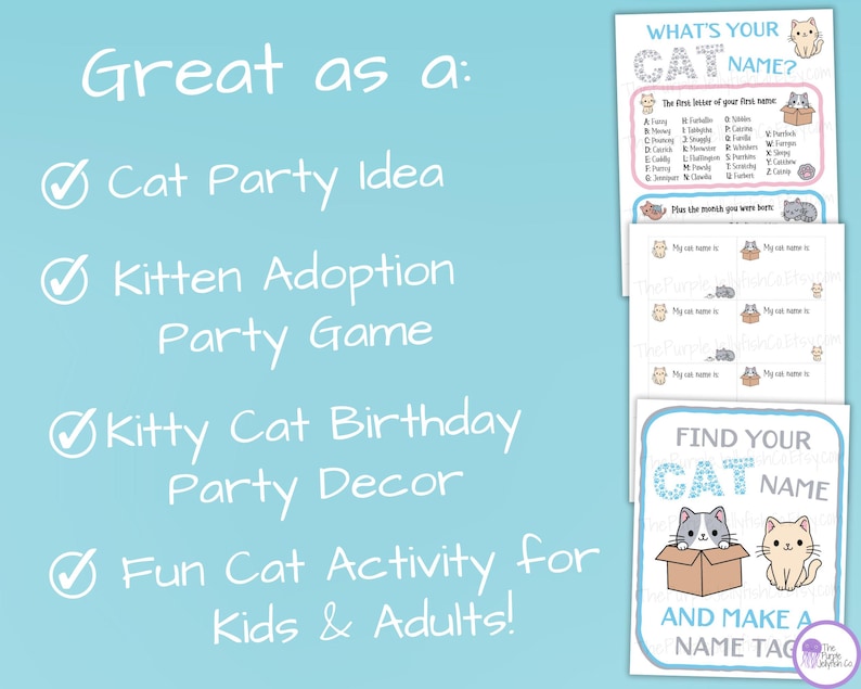Whats Your Cat Name Game Sign & Name Tags, Kitty Cat Birthday Party ...
