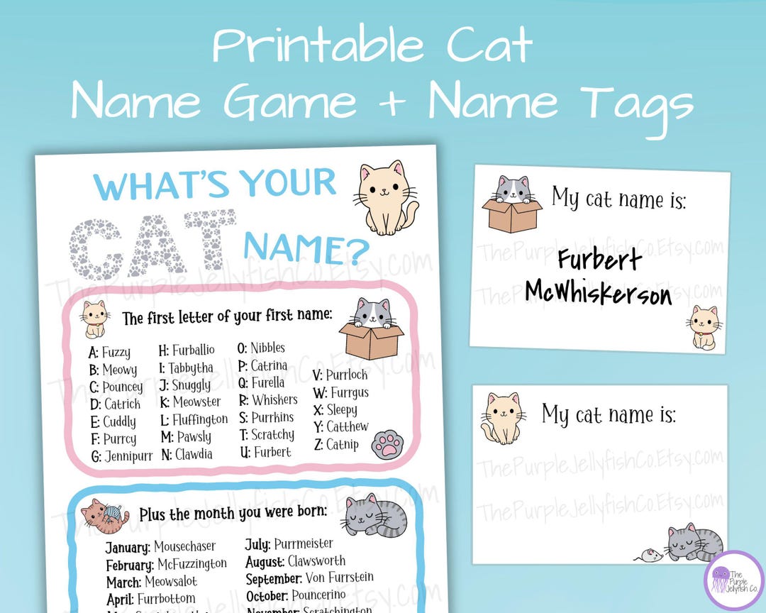 Whats Your Cat Name Game Sign & Name Tags, Kitty Cat Birthday Party ...