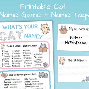 Whats Your Cat Name Game Sign & Name Tags, Kitty Cat Birthday Party ...