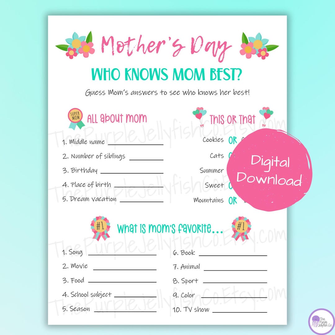 Mother's Day Game Printable, Who Knows Mom Best Mothers Day Activity ...