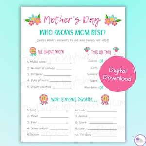 Mother's Day Game Printable, Who Knows Mom Best Mothers Day Activity ...