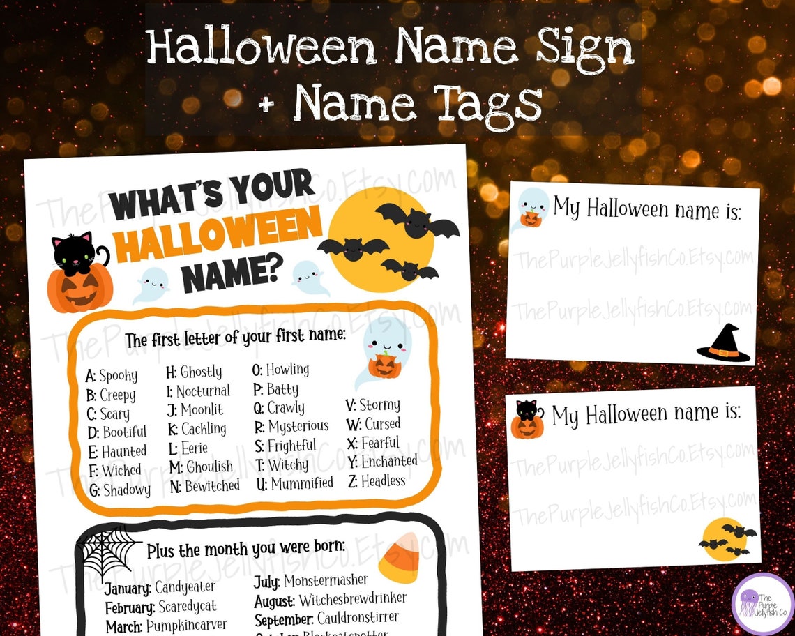What's Your Halloween Name Game Sign + Name Tags, Halloween Game ...
