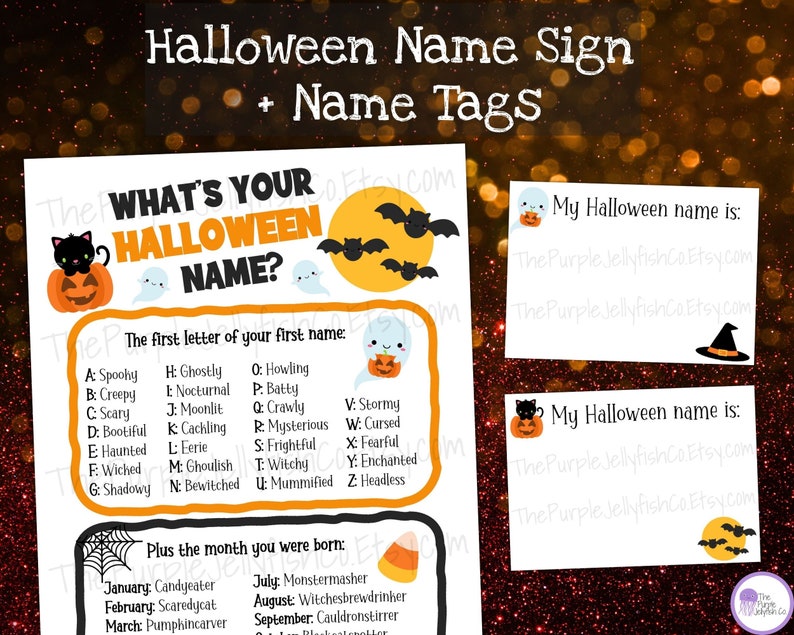 What's Your Halloween Name Game Sign + Name Tags, Halloween Game ...