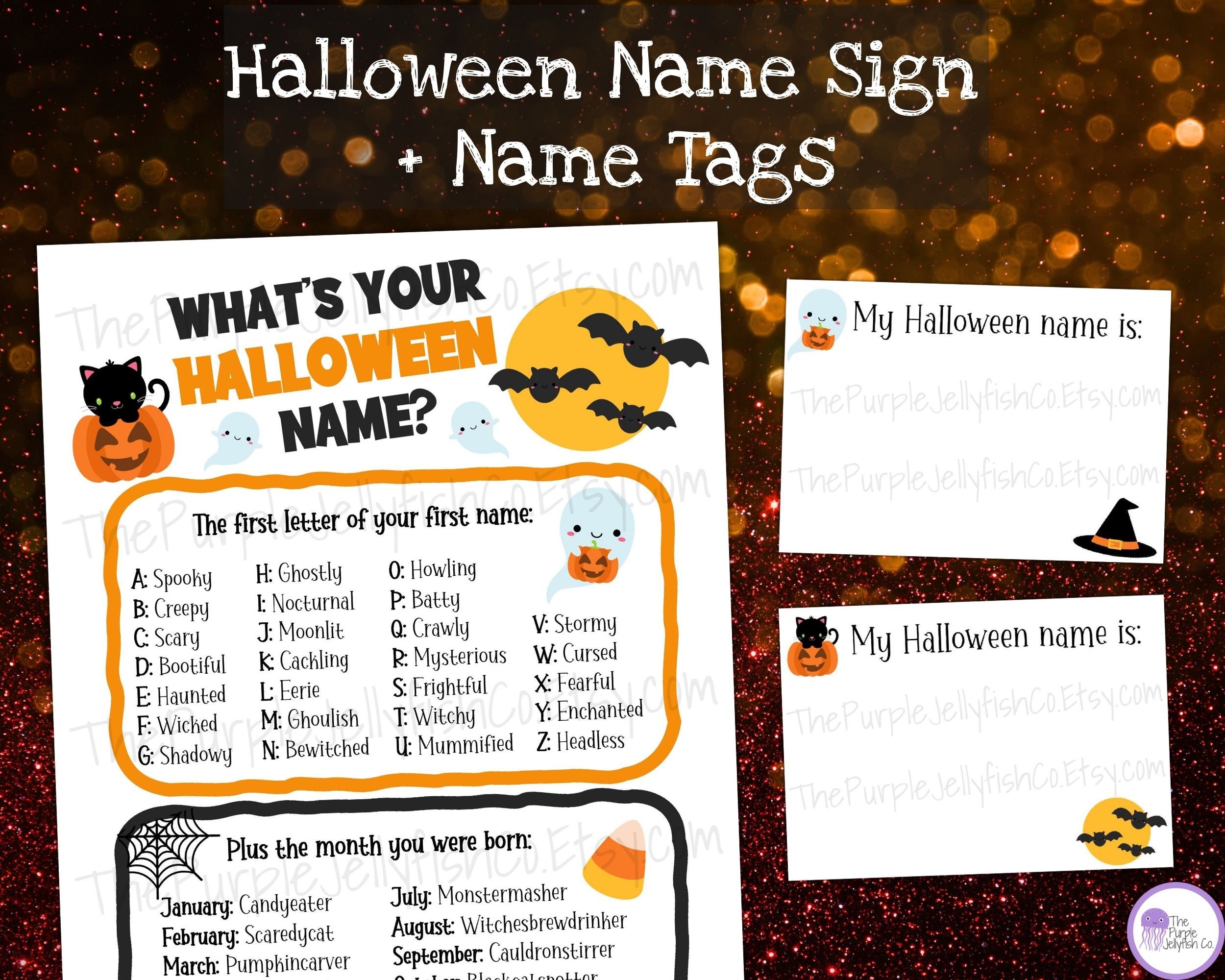 What's Your Halloween Name Game Sign + Name Tags, Halloween Game ...
