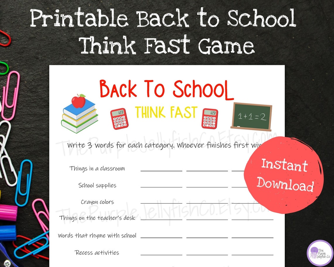 Back to School Activity Think Fast Game, First Day of School Printable ...