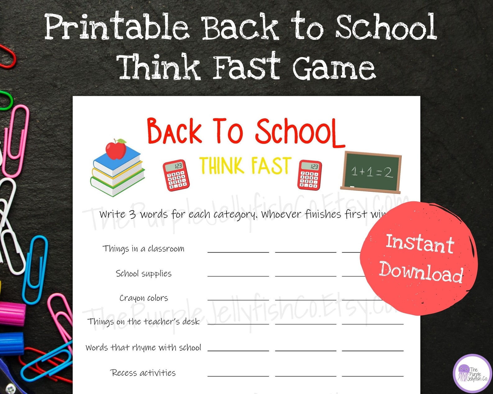 Back to School Activity Think Fast Game, First Day of School Printable ...