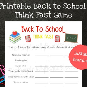 Back to School Activity Think Fast Game, First Day of School Printable ...