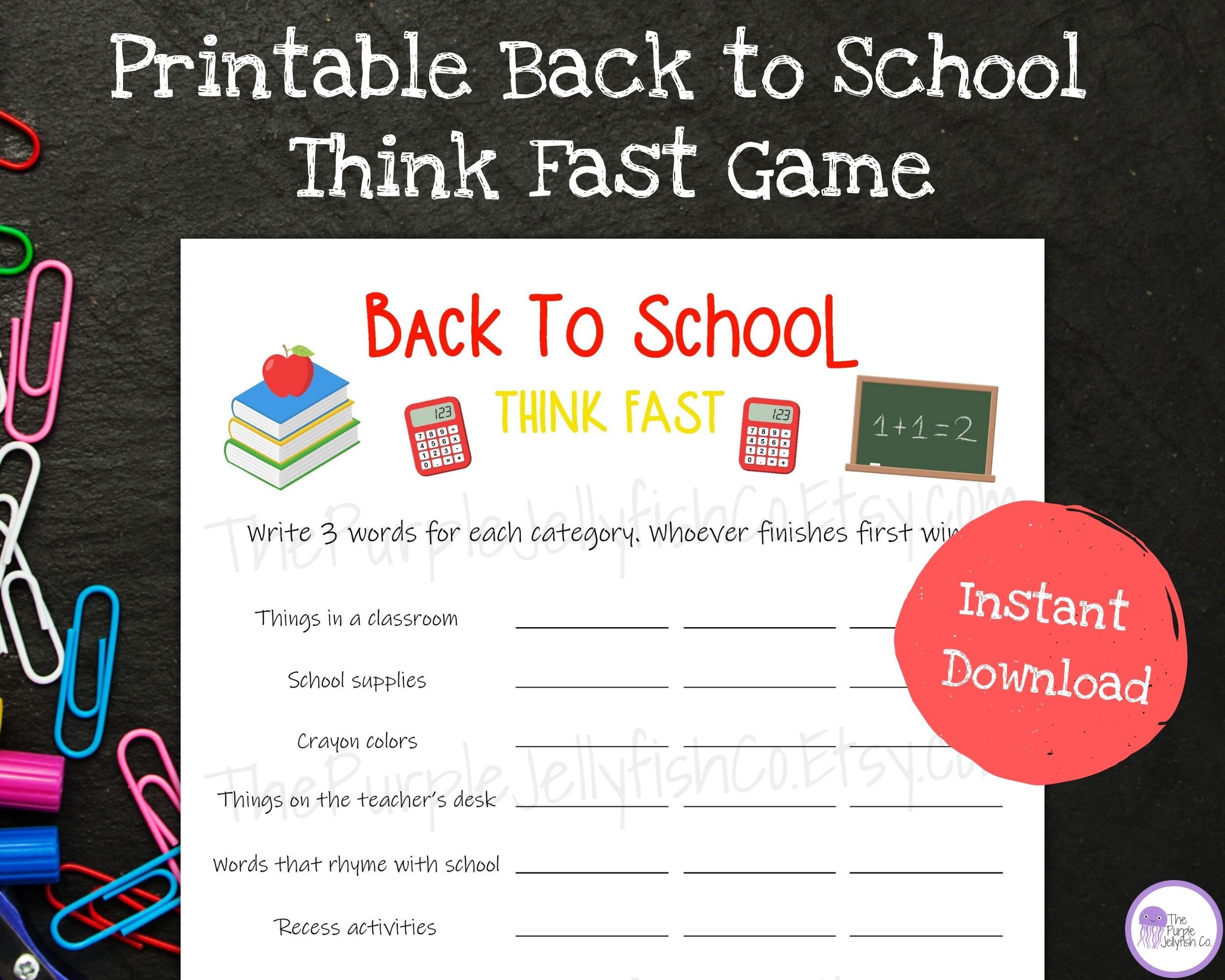Back to School Activity Think Fast Game, First Day of School Printable ...