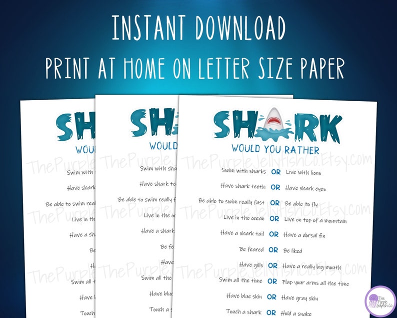 Shark Would You Rather Game, Printable Shark Birthday Party Idea, Shark ...