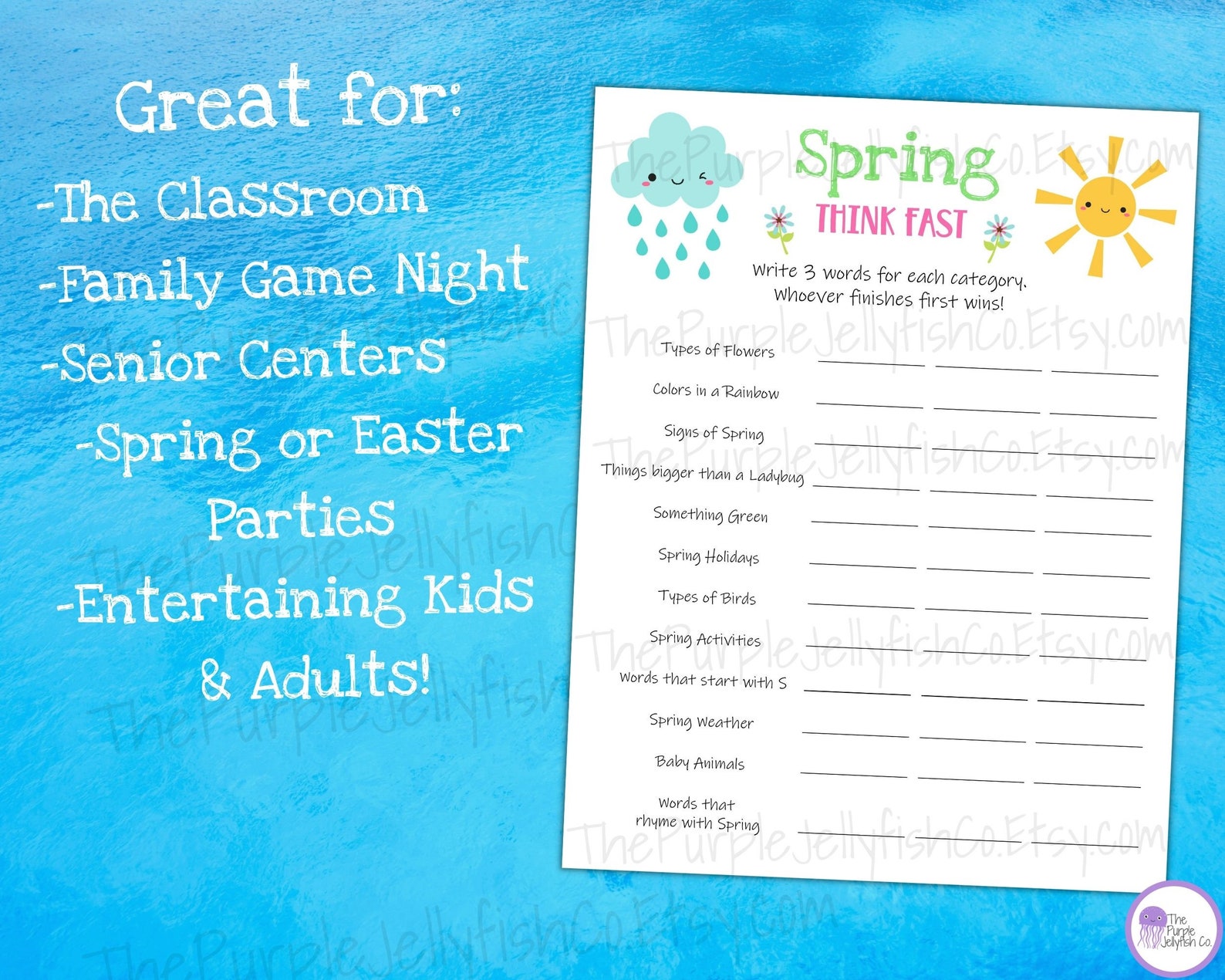 Spring Think Fast Game, Printable Spring Activity for Kids, Easter Game ...