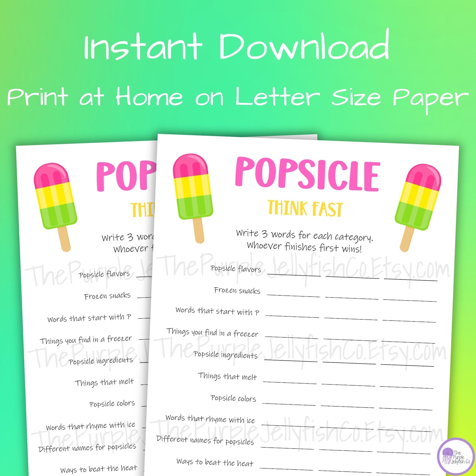 Popsicle Think Fast Game, Fun Summer Party Game Printable, Popsicle ...