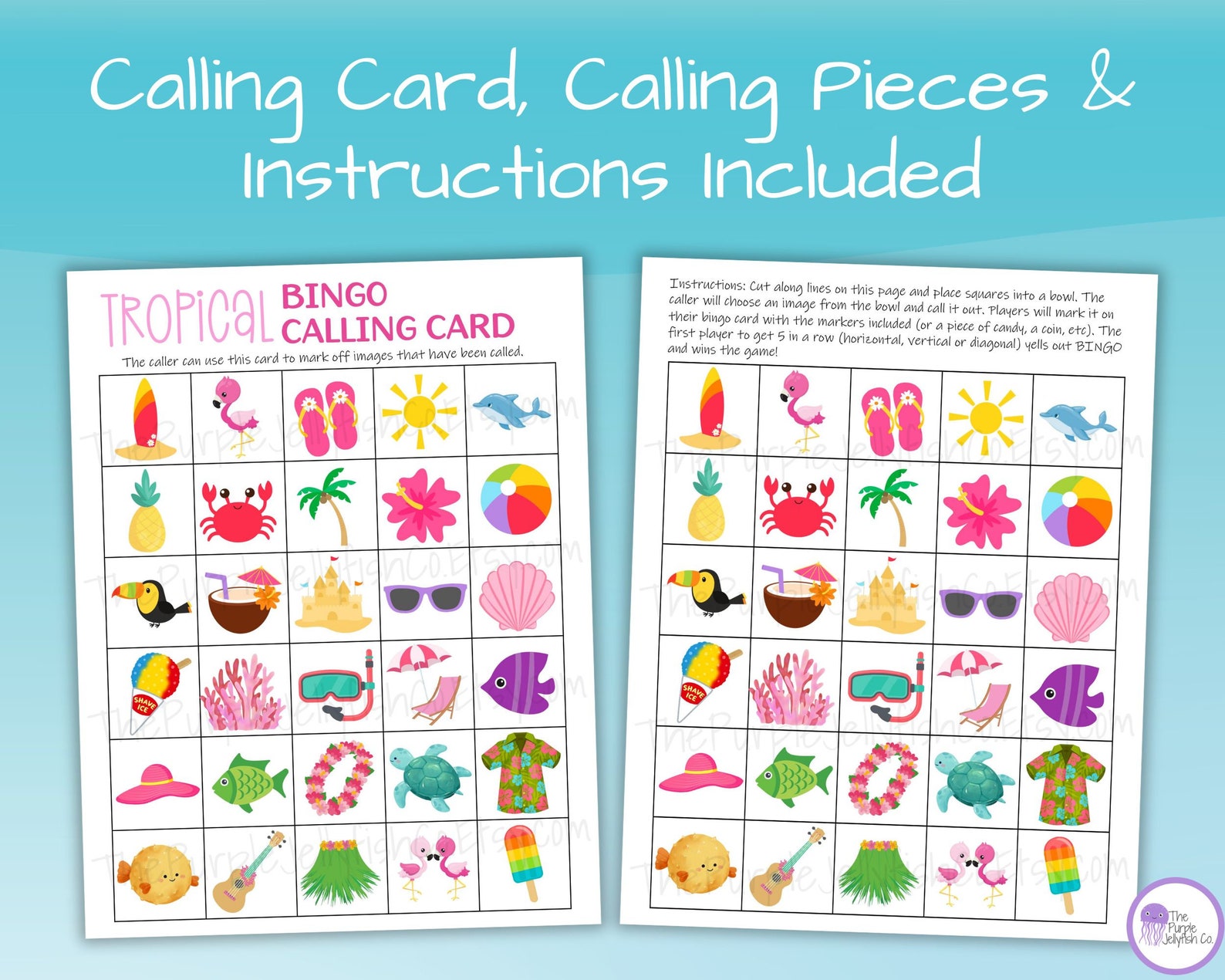 Bingo Cards Printable Tropical Theme, Bingo Game for Kids, Summer Luau ...