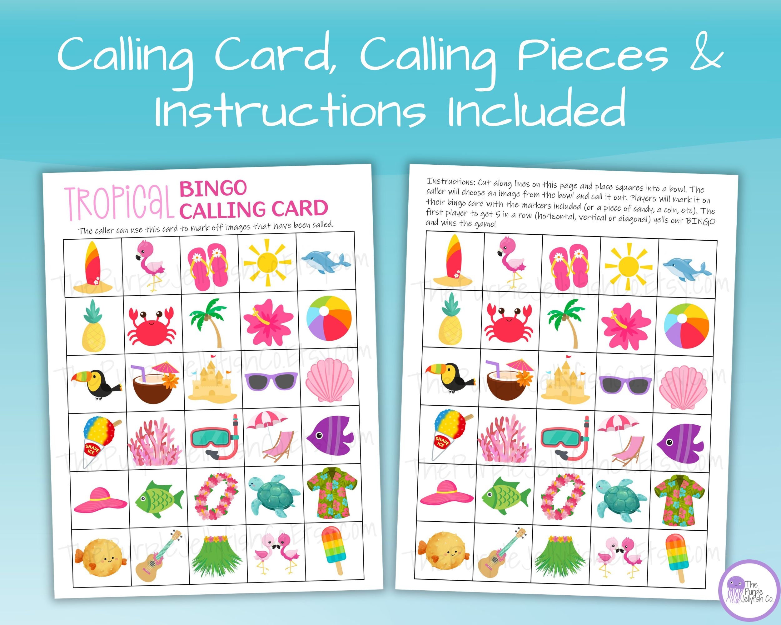 Bingo Cards Printable Tropical Theme, Bingo Game for Kids, Summer Luau ...