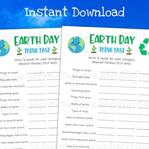Earth Day Think Fast Game, Earth Day Printable for Kids, Earth Day ...