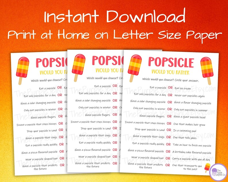 Popsicle Party Game Printable, Would You Rather Questions for Kids ...