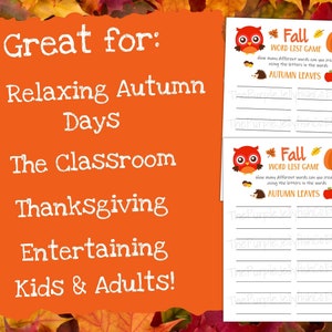 Fall Word List Game, Fall Game Printable, Autumn Activity for Kids, Fun ...