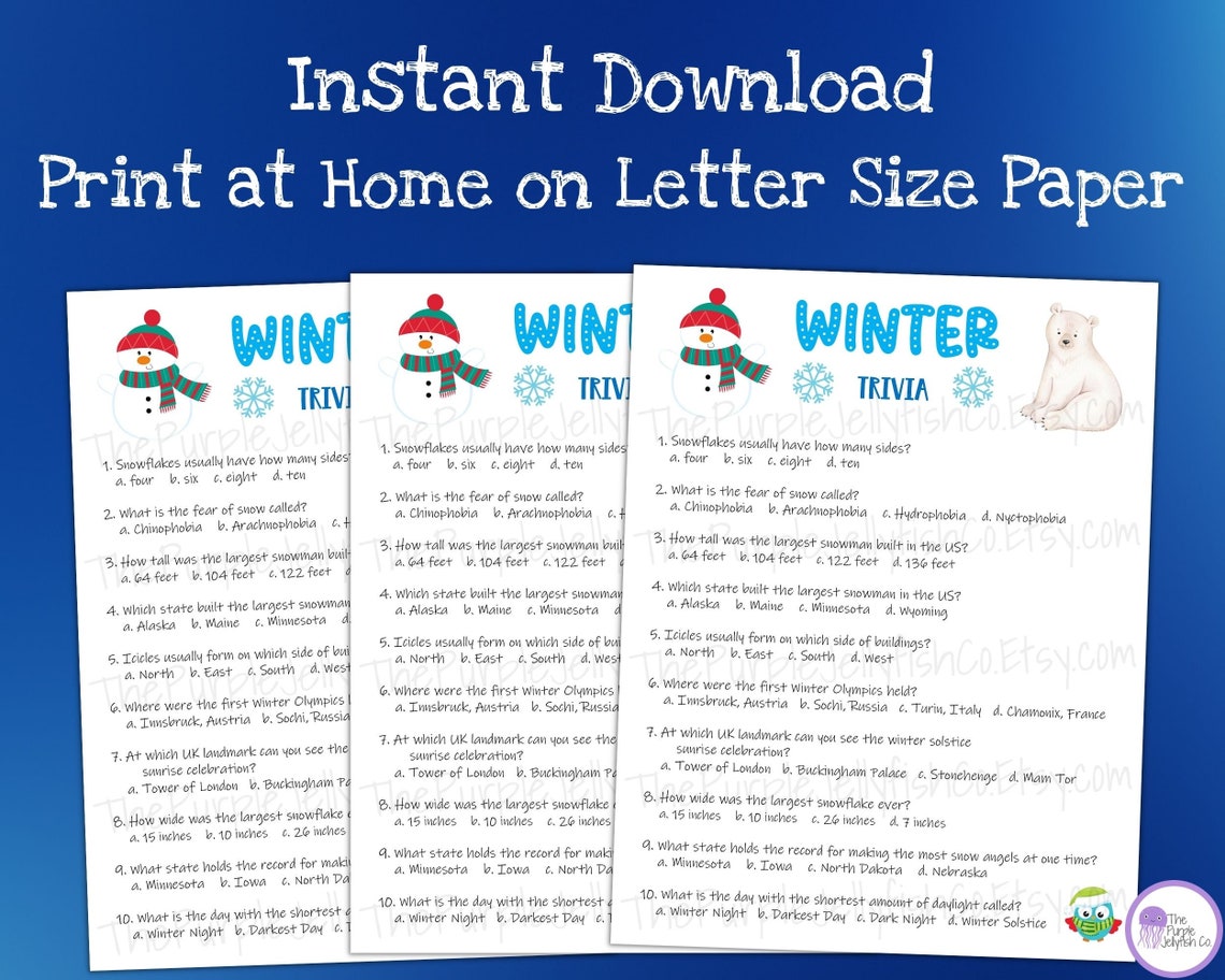 Winter Trivia Game, Printable Winter Games for Kids & Adults, Holiday ...