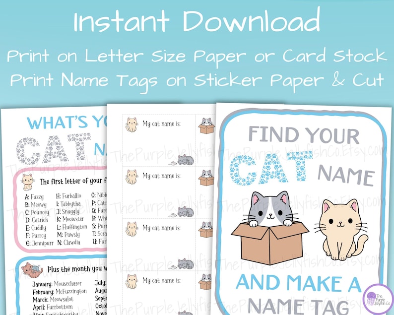 Whats Your Cat Name Game Sign & Name Tags, Kitty Cat Birthday Party ...