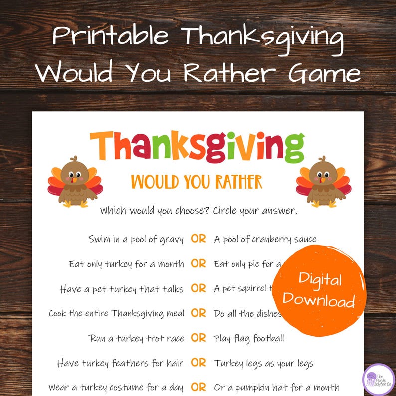 Would You Rather Game Printable Thanksgiving Activity for Kids, This or ...