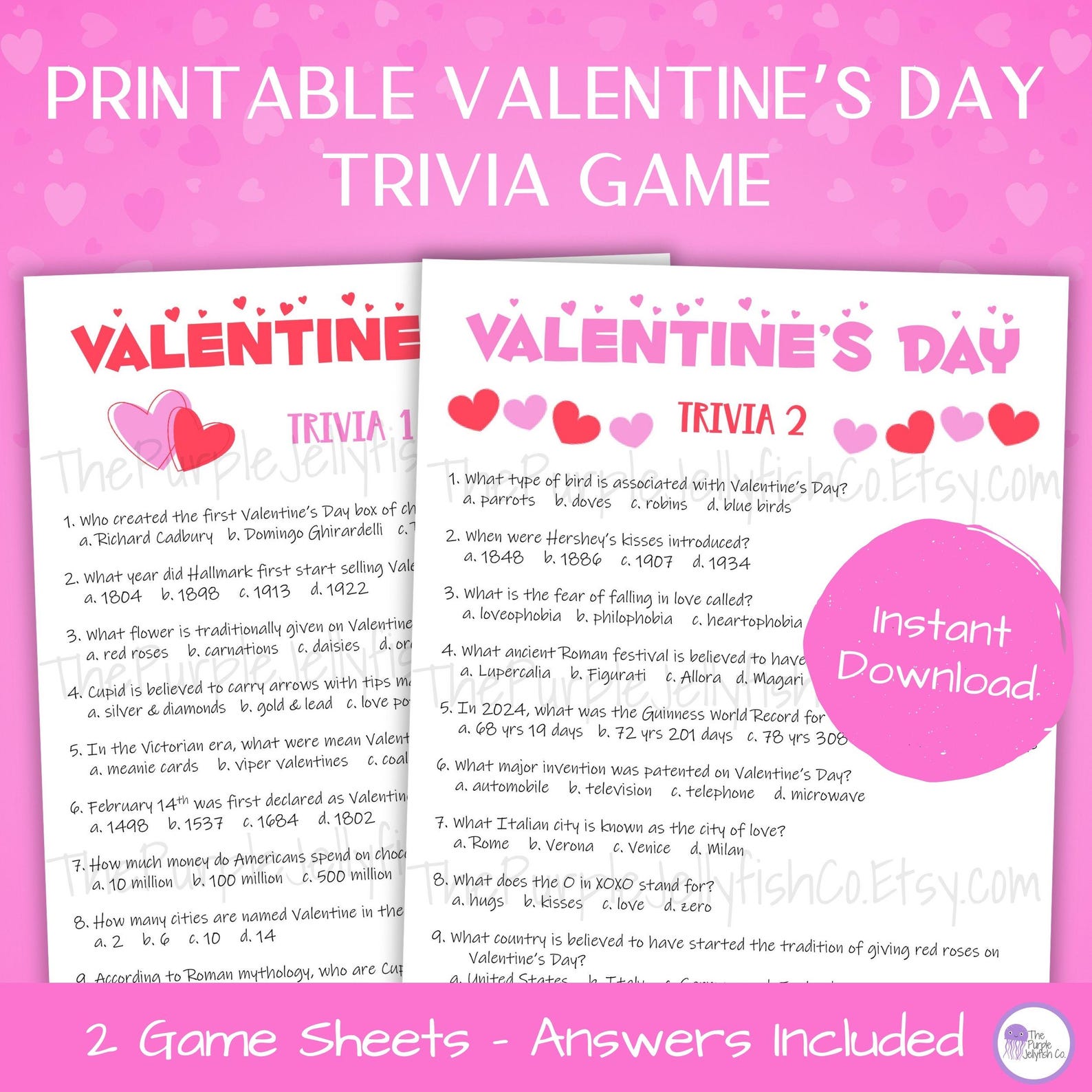 Valentines Day Trivia Game Printable Valentines Party Idea for Kids ...