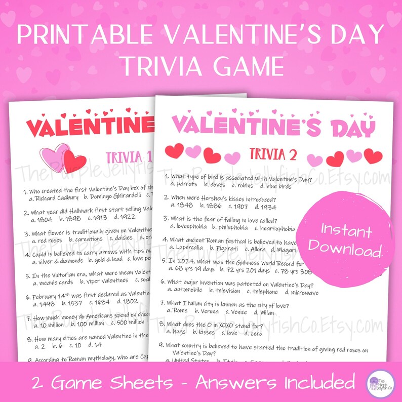 Valentines Day Trivia Game Printable Valentines Party Idea for Kids ...