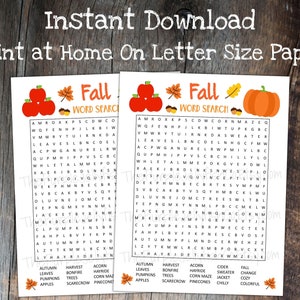 Fall Word Search Puzzle Printable for Kids & Adults, Autumn Theme Word ...