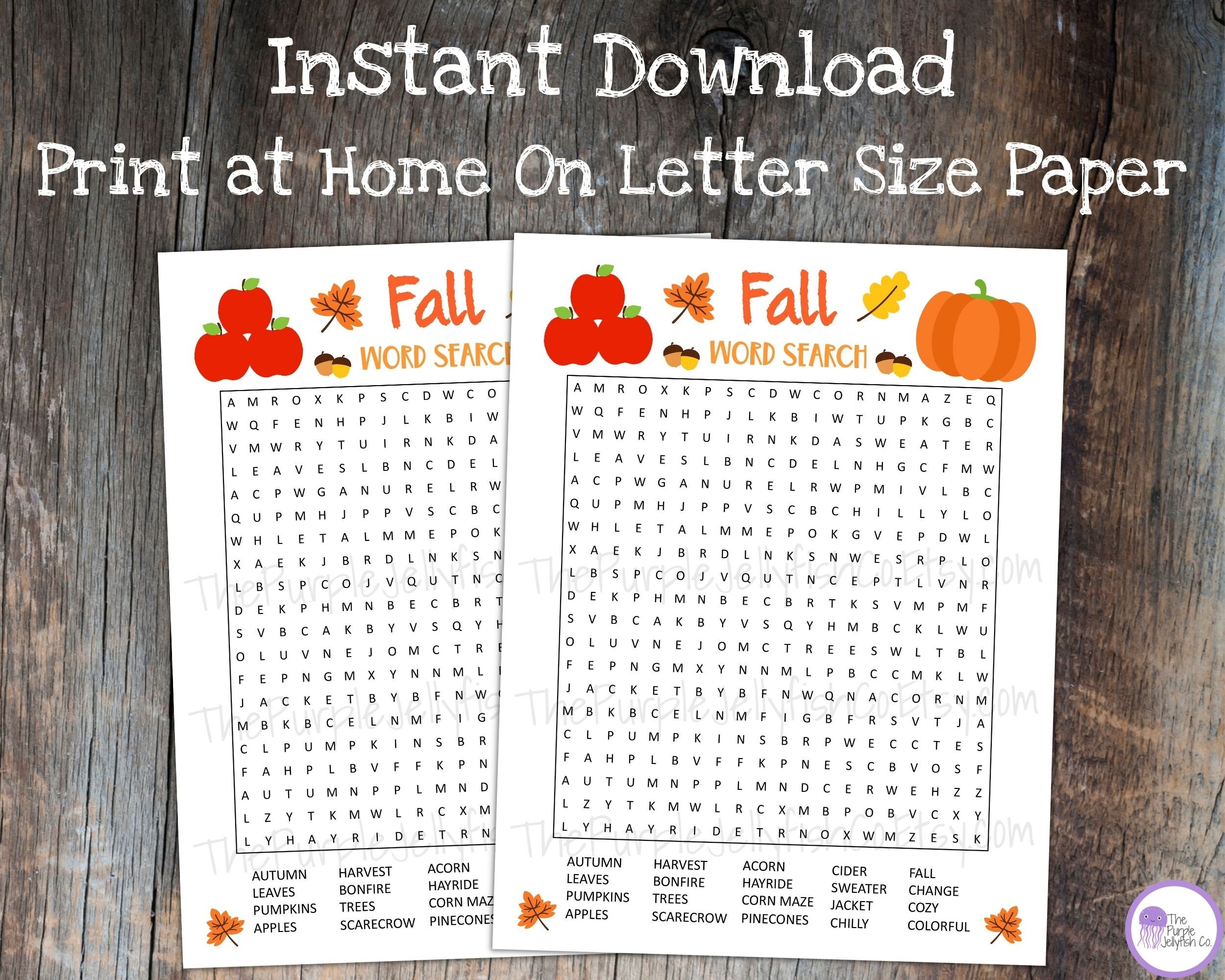Fall Word Search Puzzle Printable for Kids & Adults, Autumn Theme Word ...