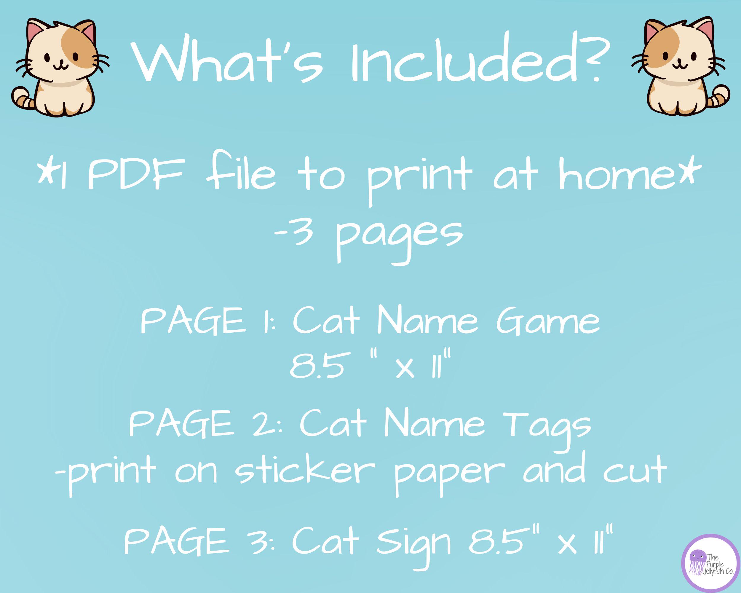 Whats Your Cat Name Game Sign & Name Tags, Kitty Cat Birthday Party ...