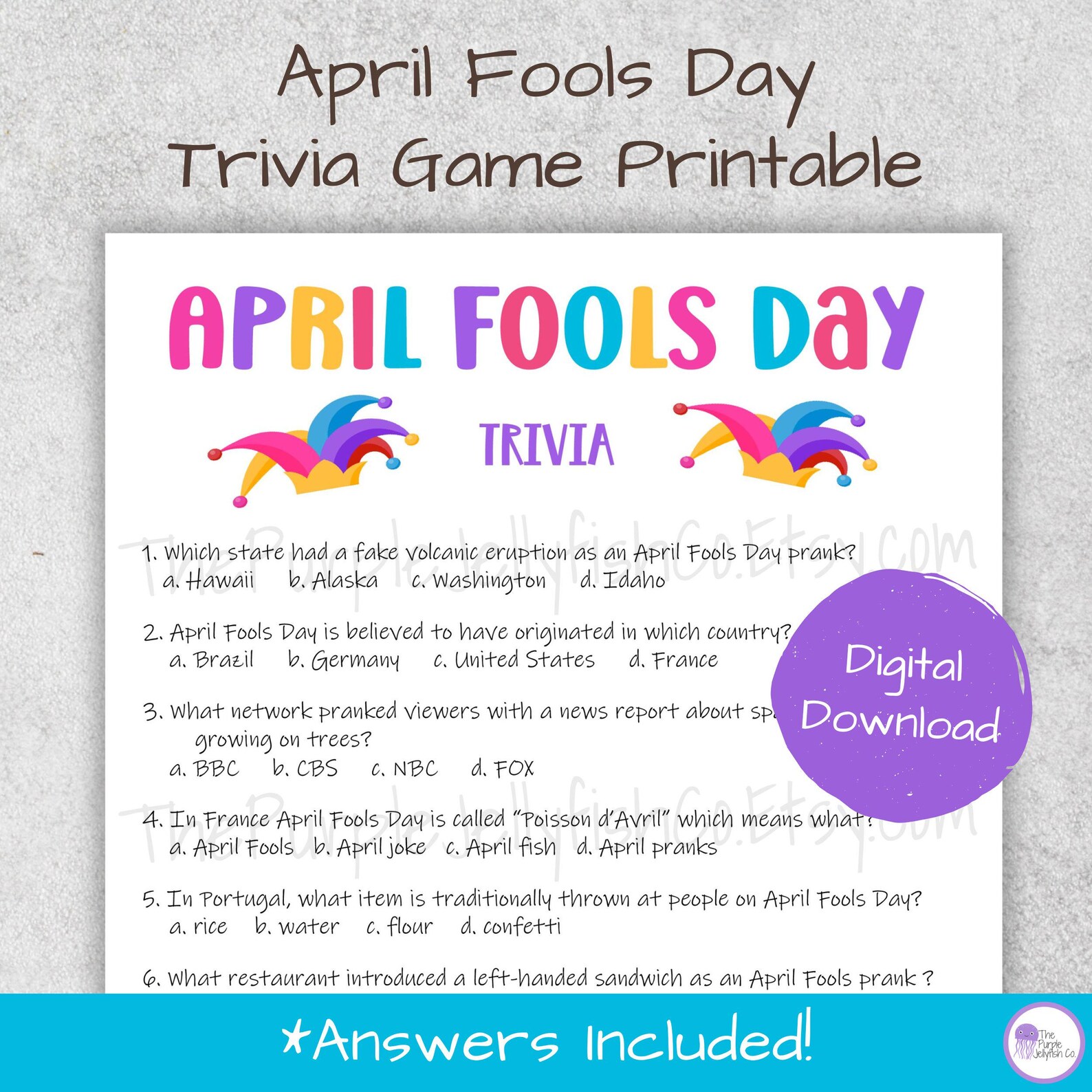 April Fool's Day Trivia Game Printable, April Fools Party Idea, April ...