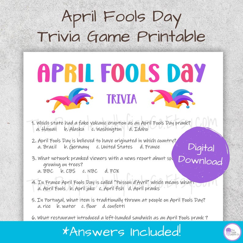 April Fool's Day Trivia Game Printable, April Fools Party Idea, April ...
