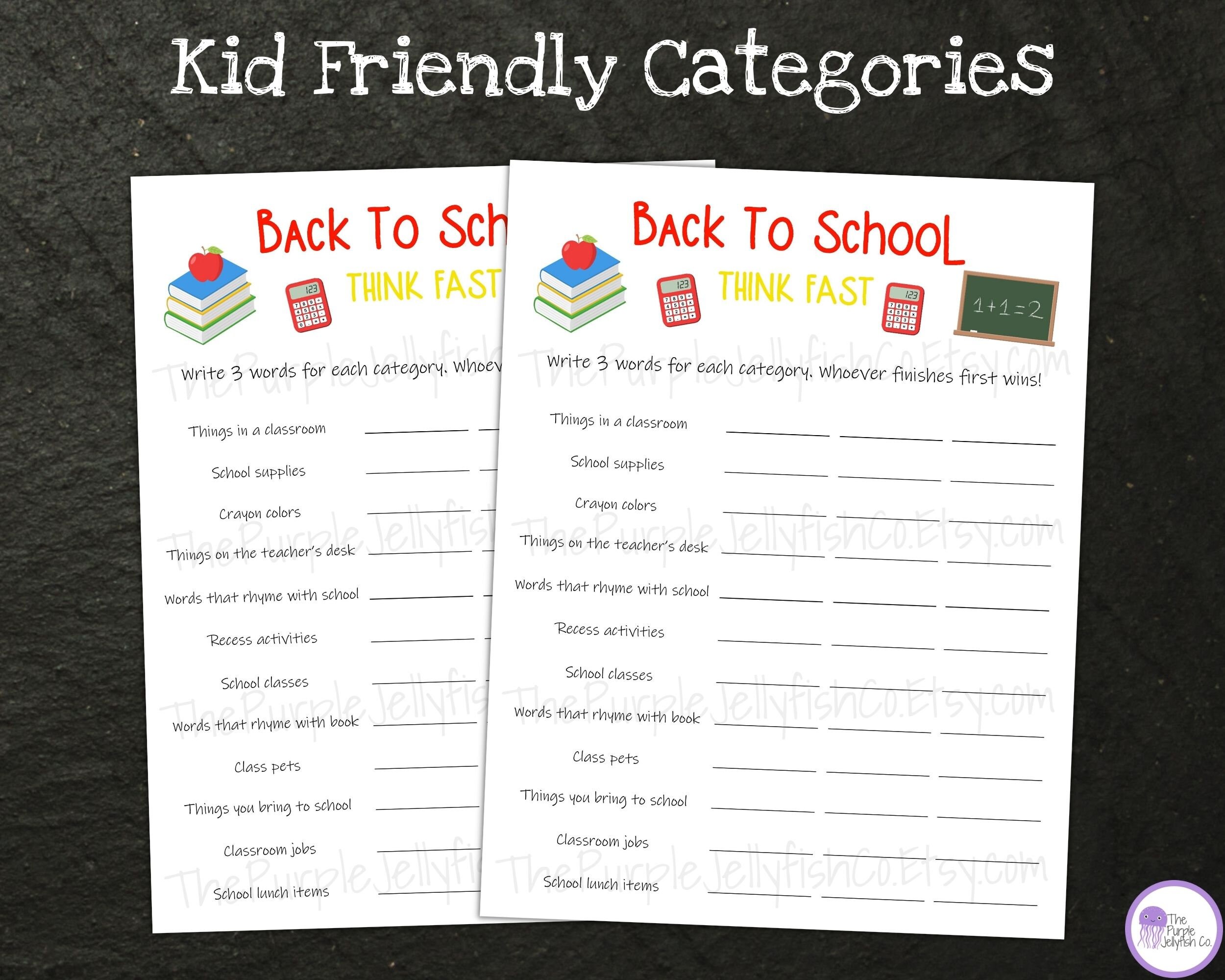 Back to School Activity Think Fast Game, First Day of School Printable ...