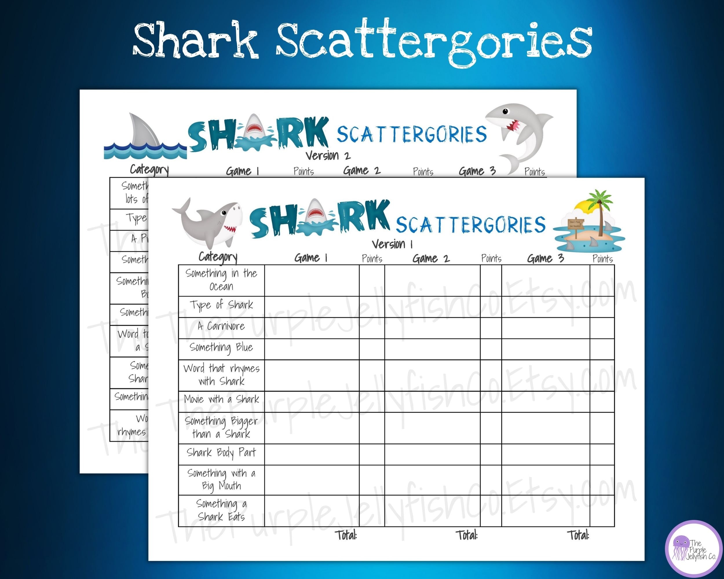 Shark Scattergories Lists Printable, Shark Game for Kids, Shark Week ...